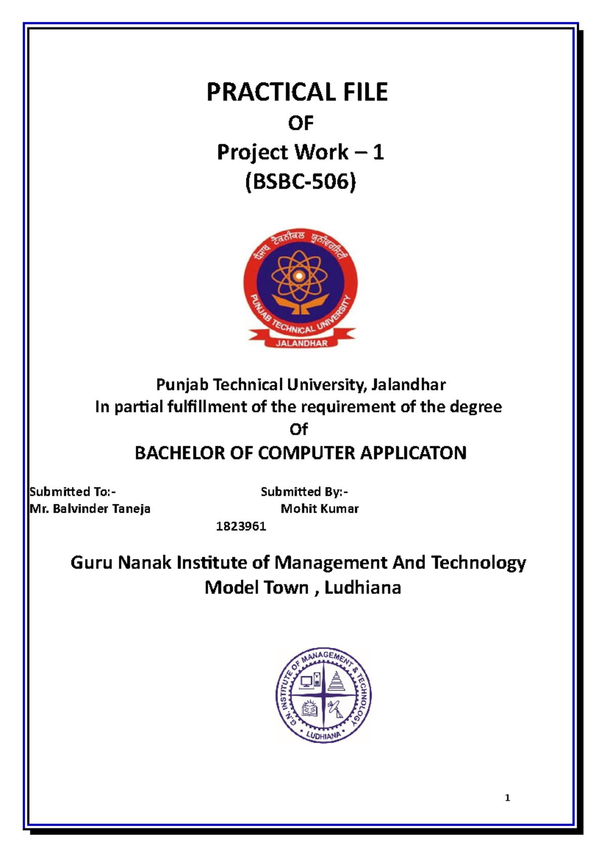 Project Work file - PRACTICAL FILE OF Project Work – 1 (BSBC-506 ...