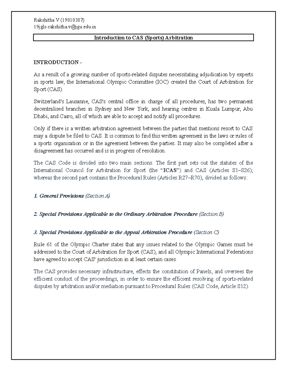 Handout - Introduction to CAS (Sports) Arbitration - 19jgls-rakshitha ...