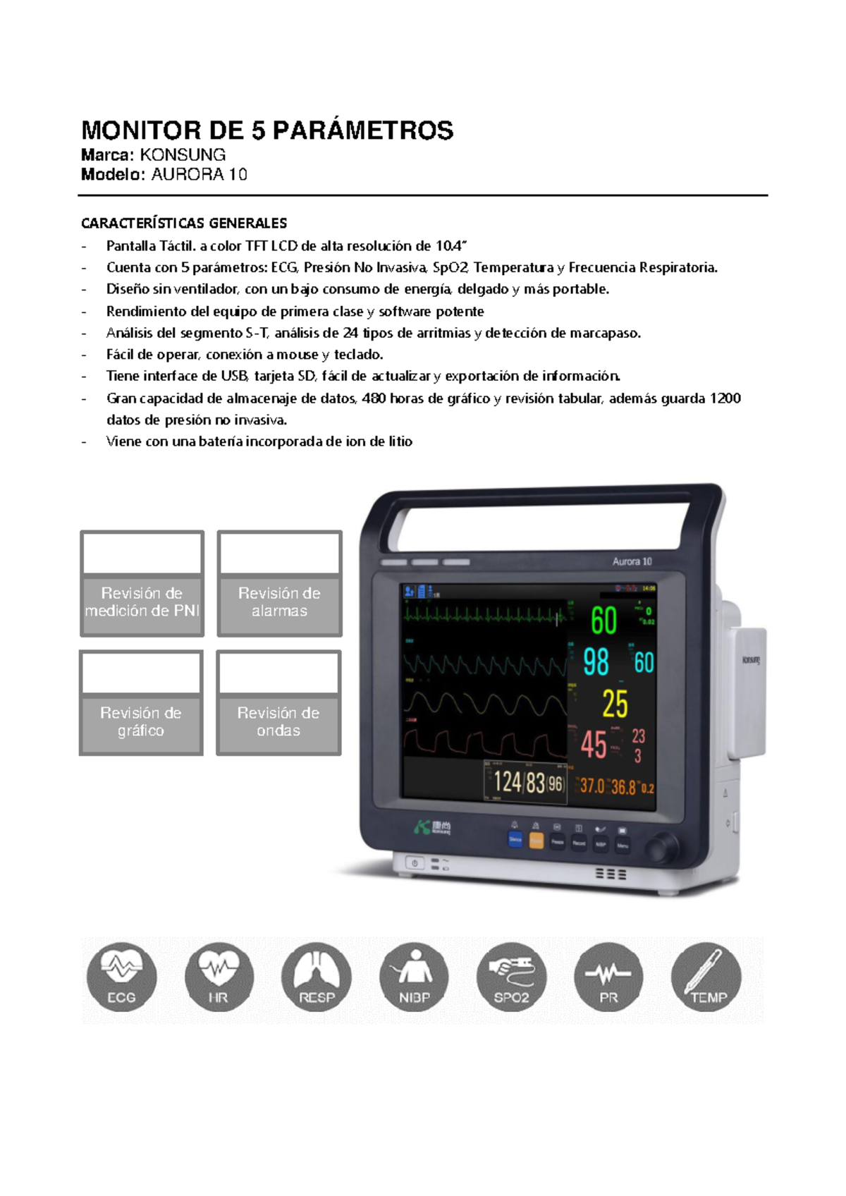 Monitor Multiparámetros konsung aurora 10 - MONITOR DE 5 PARÁMETROS ...