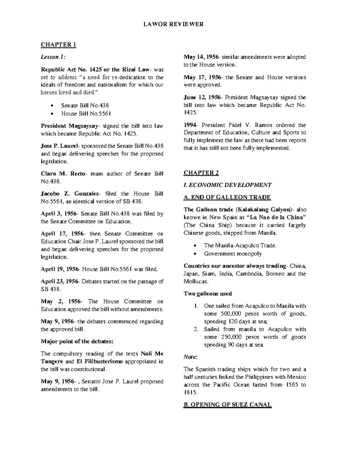 Lawor Midterm Reviewer - CHAPTER 1 Lesson 1: Republic Act No. 1425 or ...