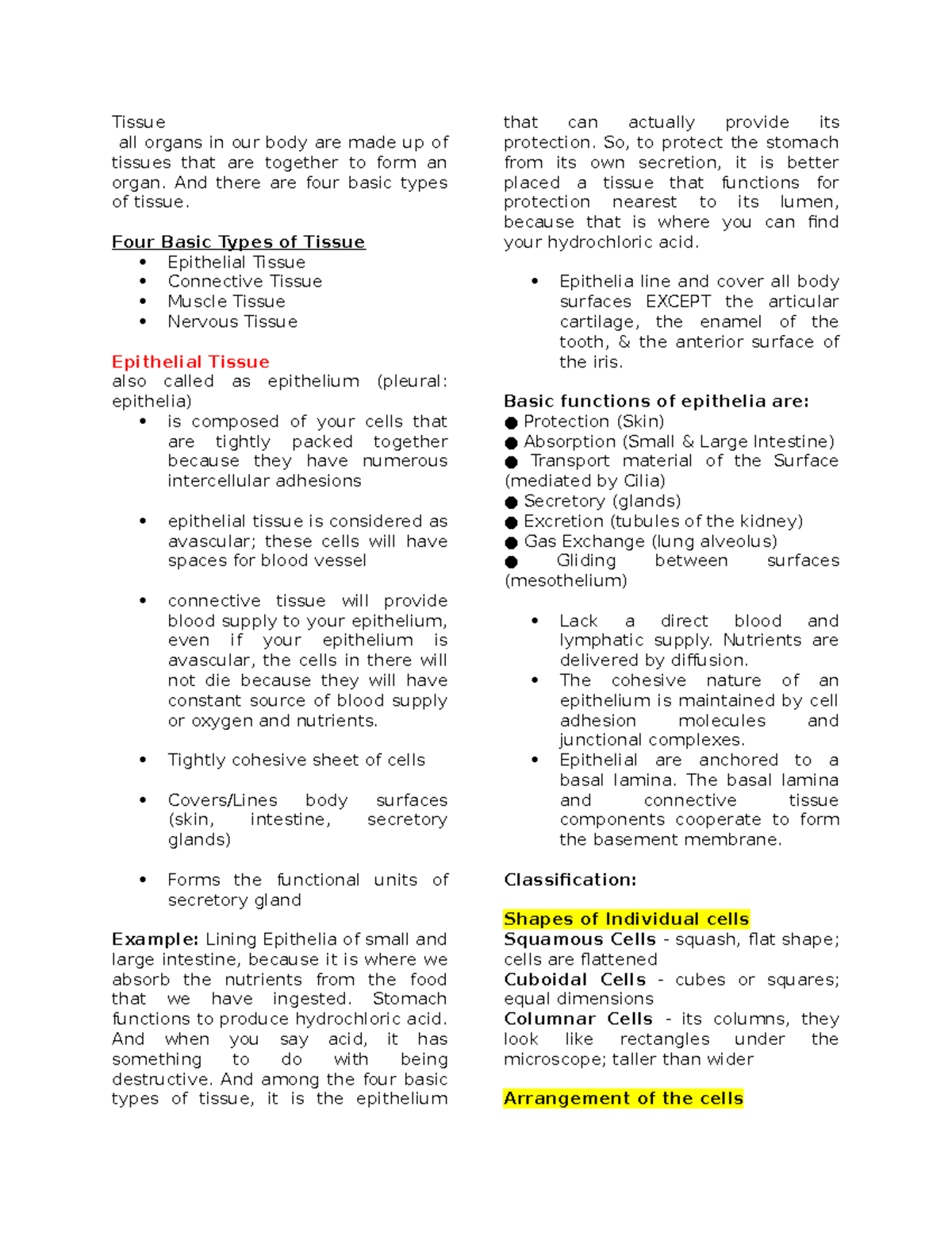 Epithelial Tissue - notes - Tissue all organs in our body are made up ...