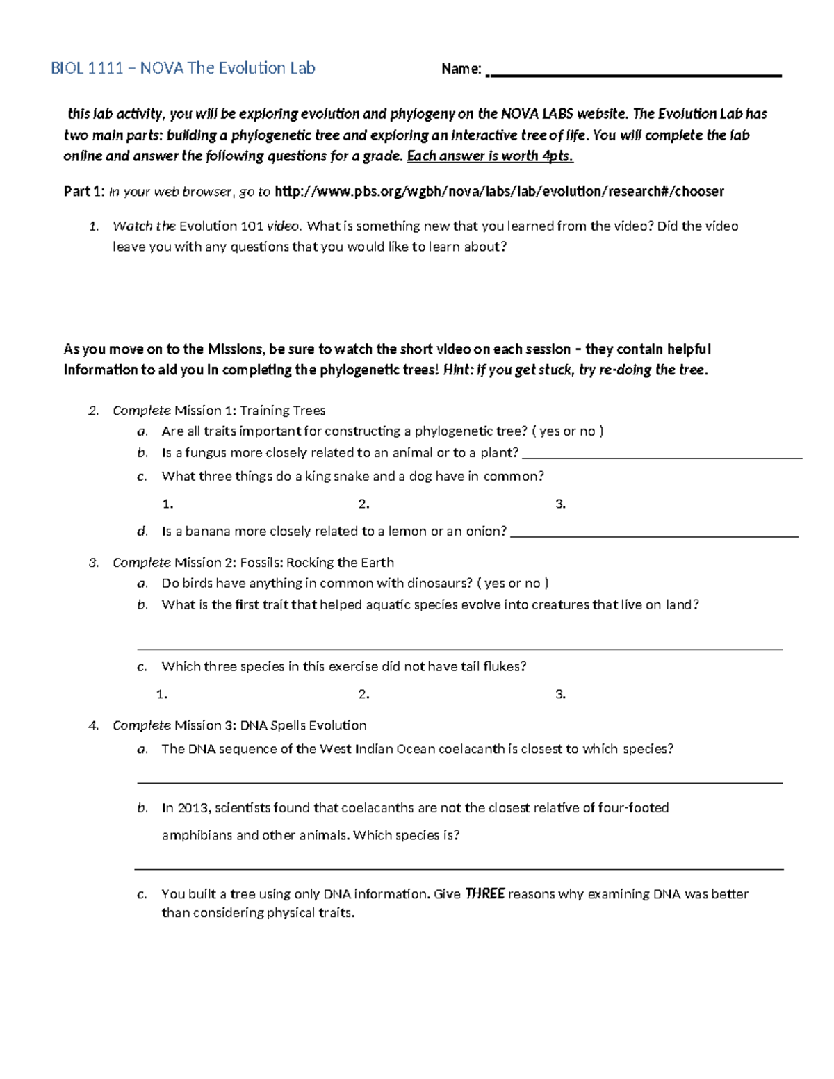 BIOL 1111L Evolution Lab - BIOL 1111 – NOVA The Evolution Lab Name ...