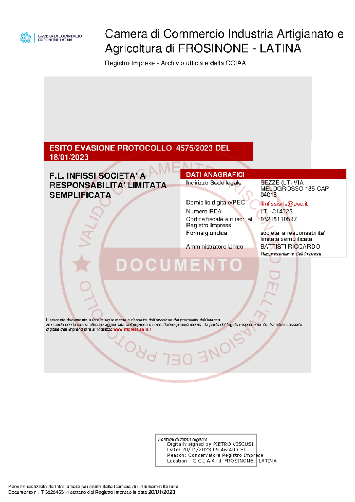 Visura - ESITO EVASIONE PROTOCOLLO 4575/2023 DEL 18/01/ F. INFISSI ...