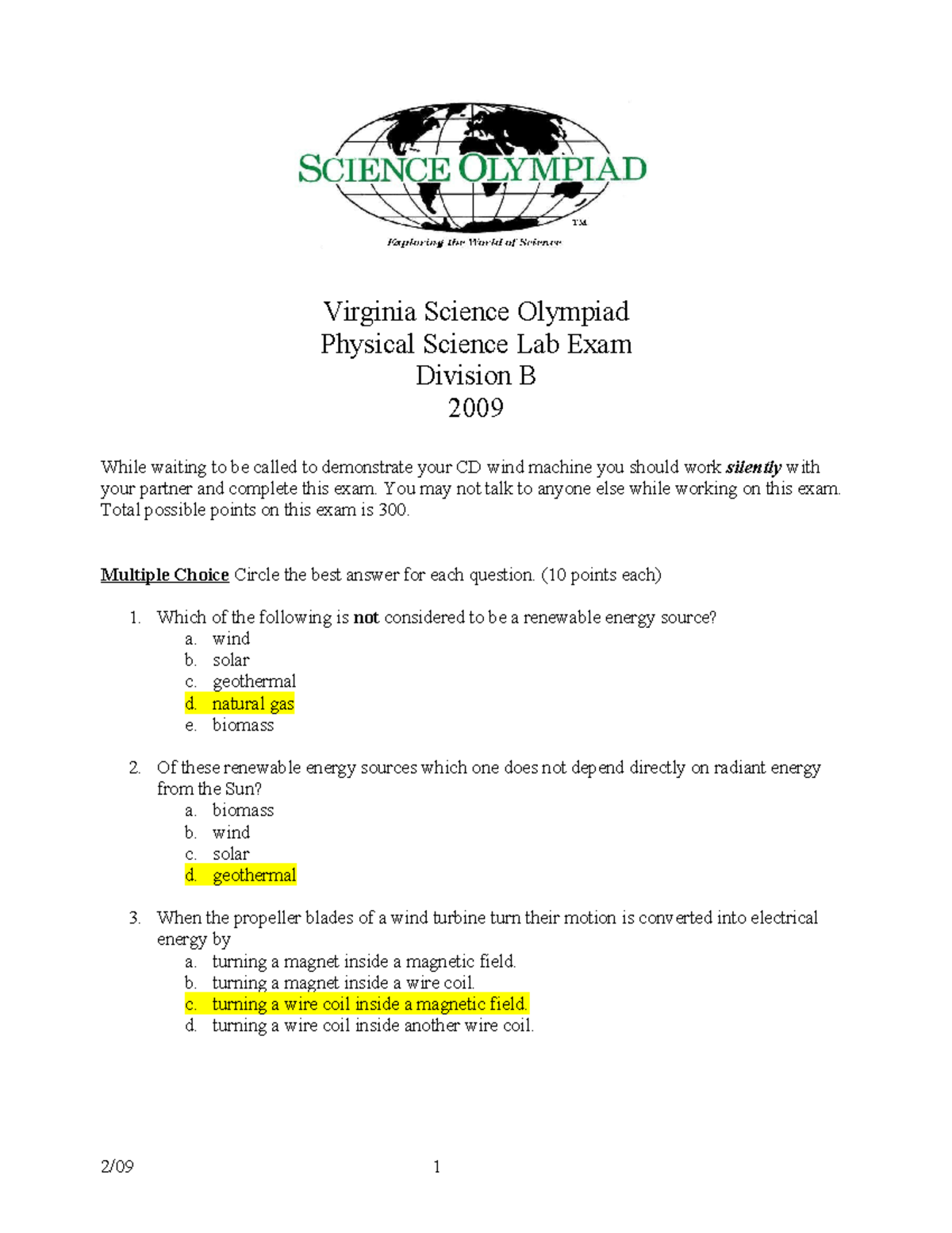 VA B Division VASO Regional Physical Science Exam 2009 answers ...
