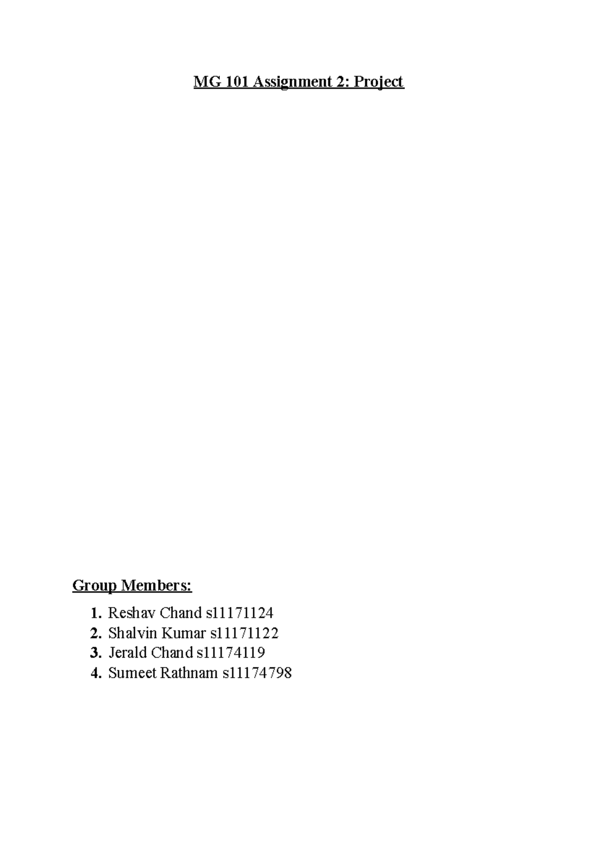 MG 101 Assignment 2 - MG 101 Assignment 2: Project Group Members: 1 ...