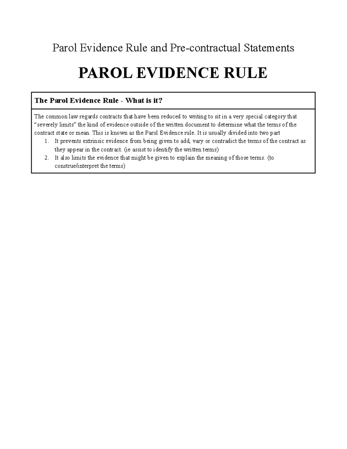 Parol Evidence Rule and Pre-contractual Statements - Week 2 - Parol ...