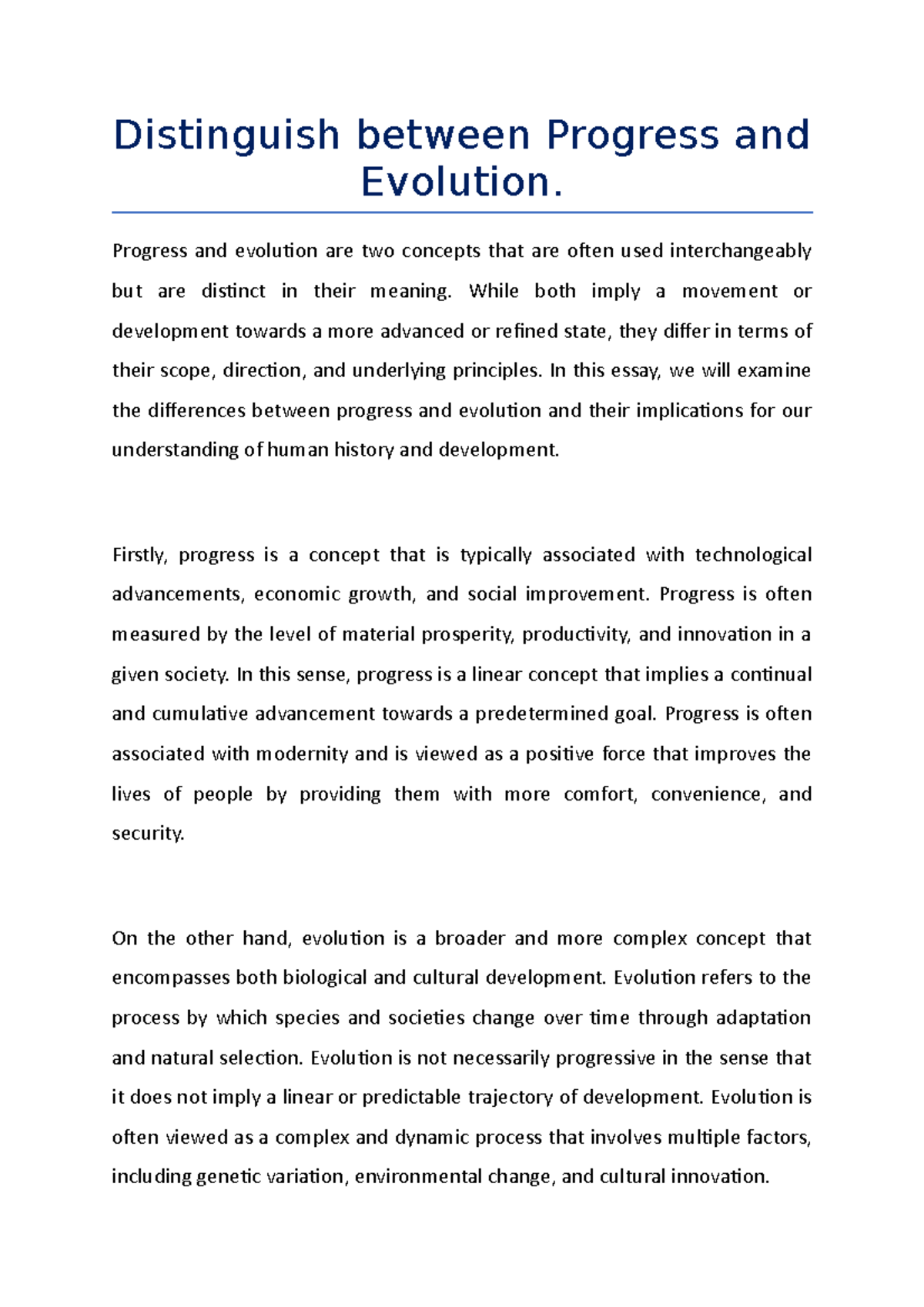 Distinguish between Progress and Evolution - Progress and evolution are ...