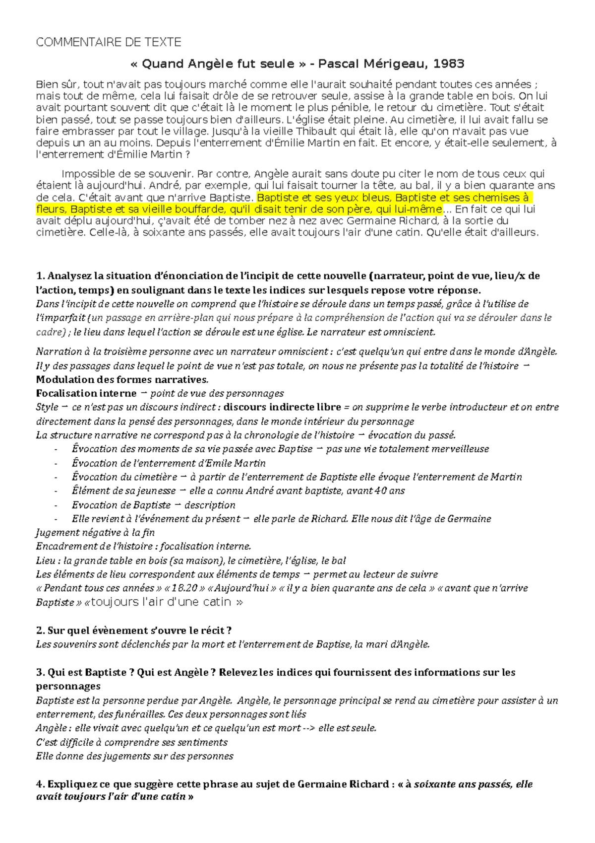 Quand Angèle fut seule - Analisi del testo - COMMENTAIRE DE TEXTE ...