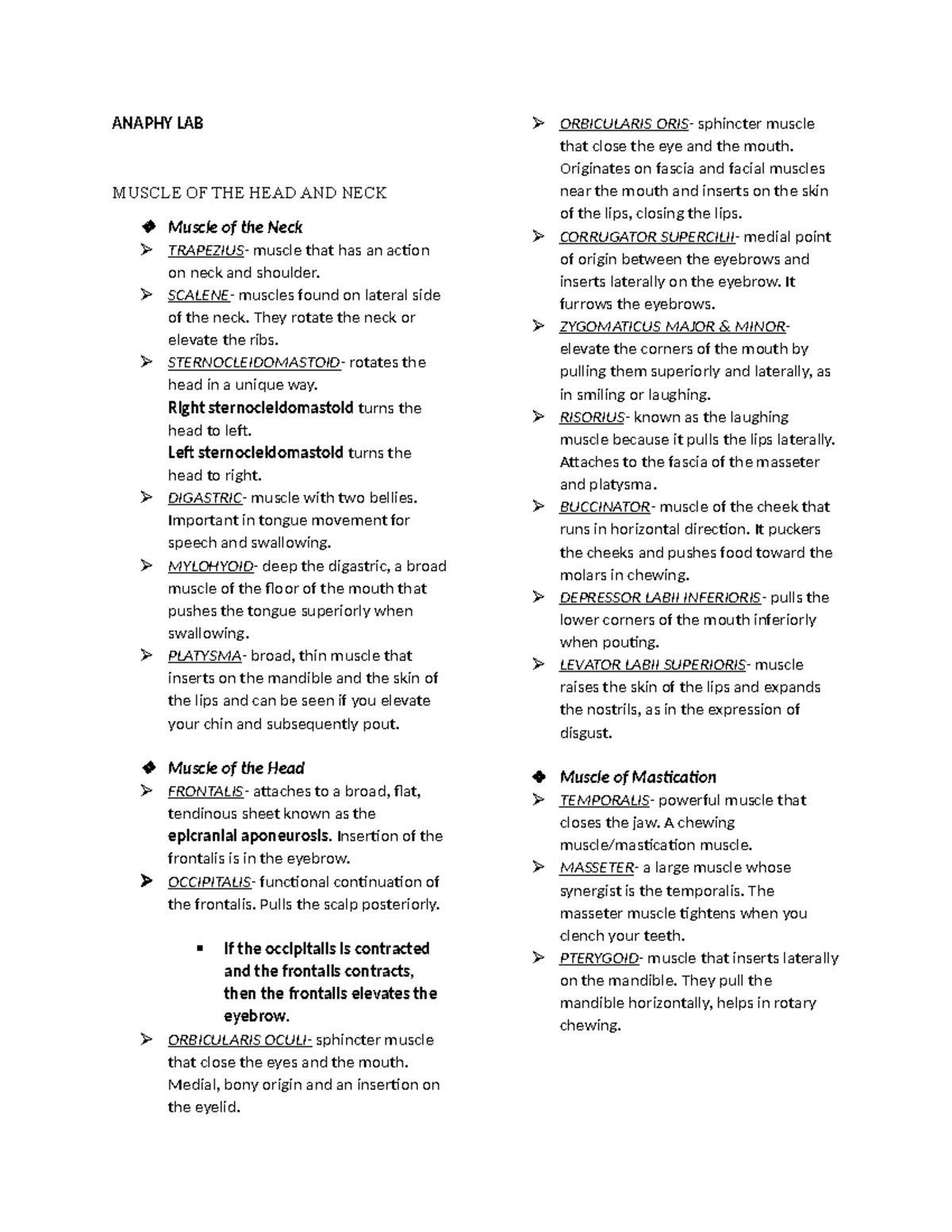 Anaphy-LEC - Anaphy lecture - ANAPHY LAB MUSCLE OF THE HEAD AND NECK ...