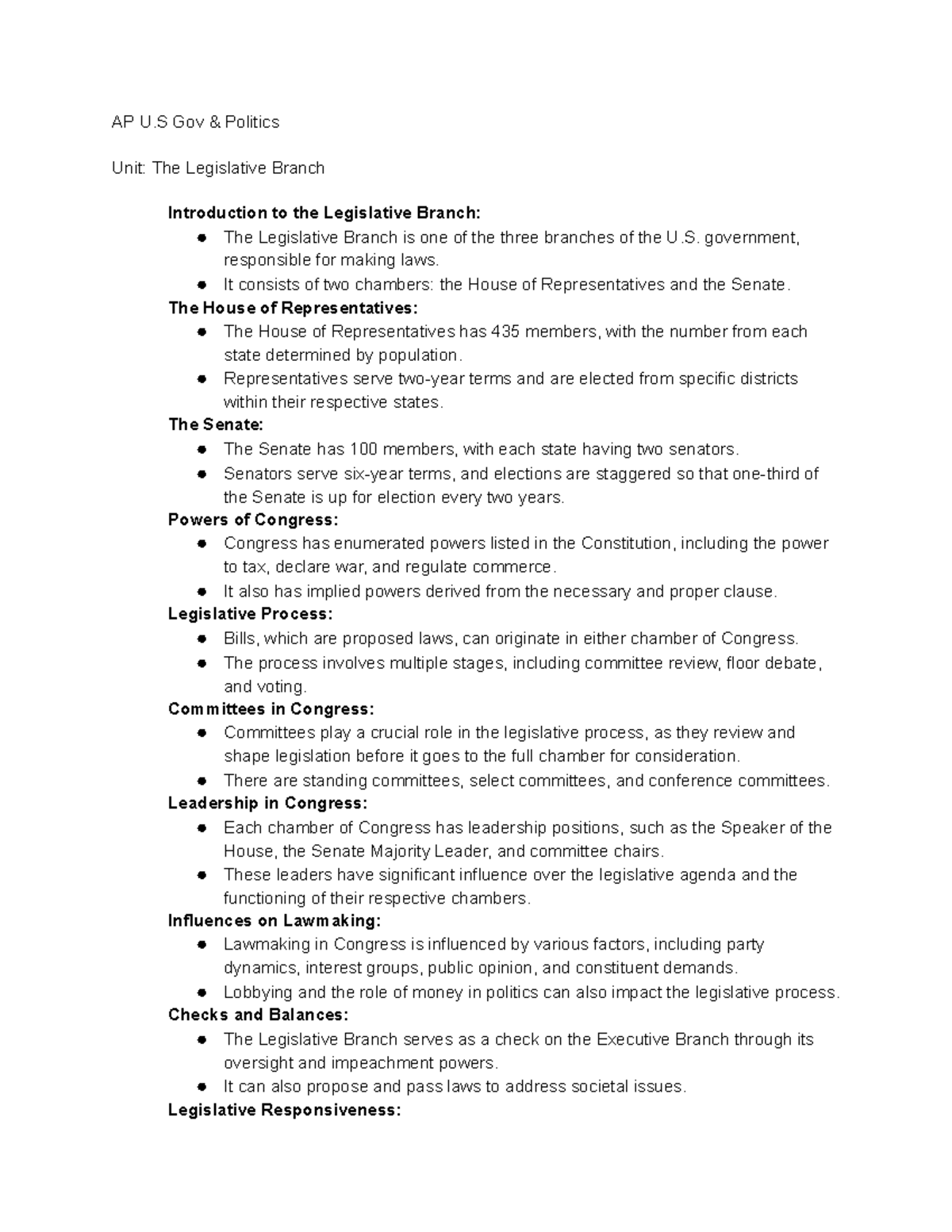 AP Gov The Legislative Branch - AP U Gov & Politics Unit: The ...
