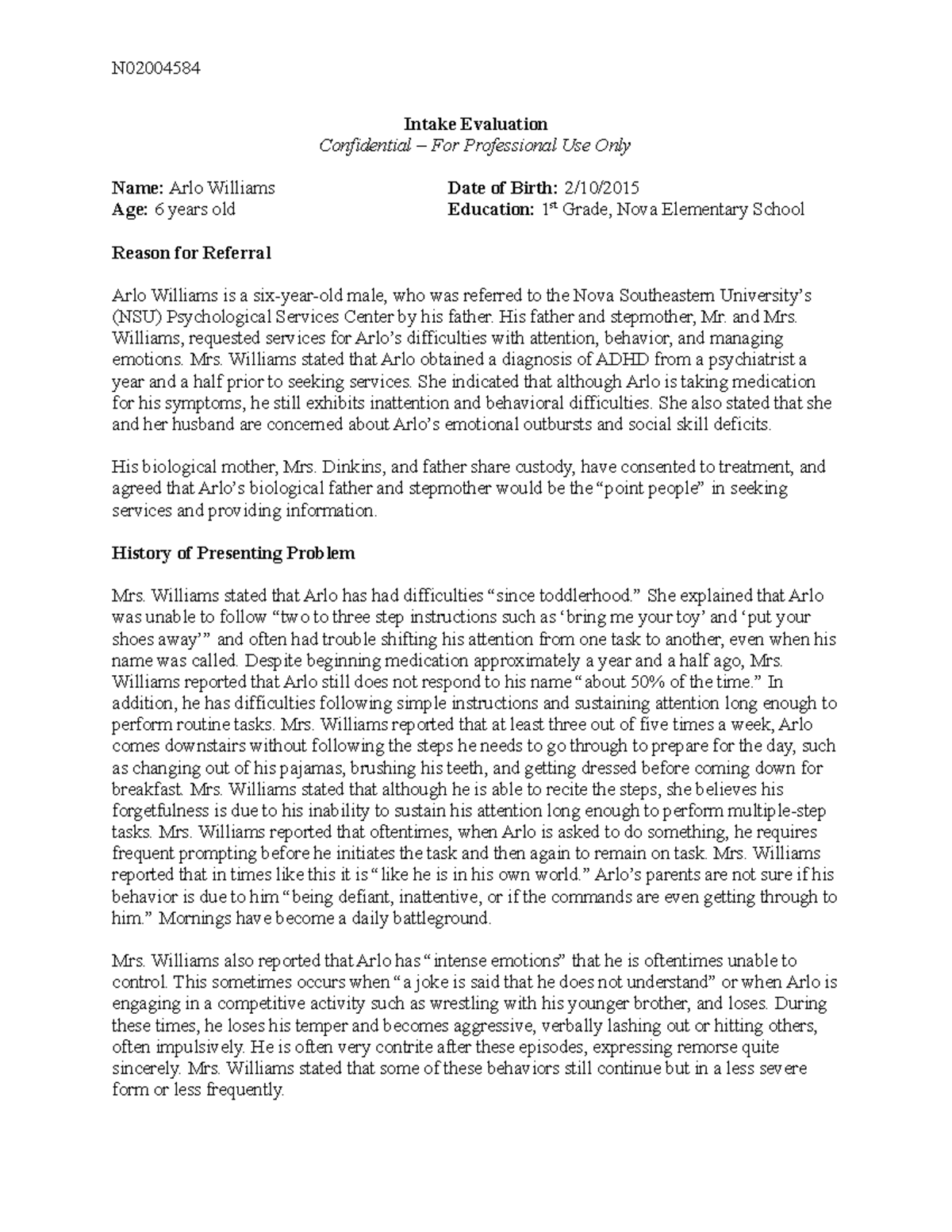 Example Mock Treatment Plan - N Intake Evaluation Confidential – For ...