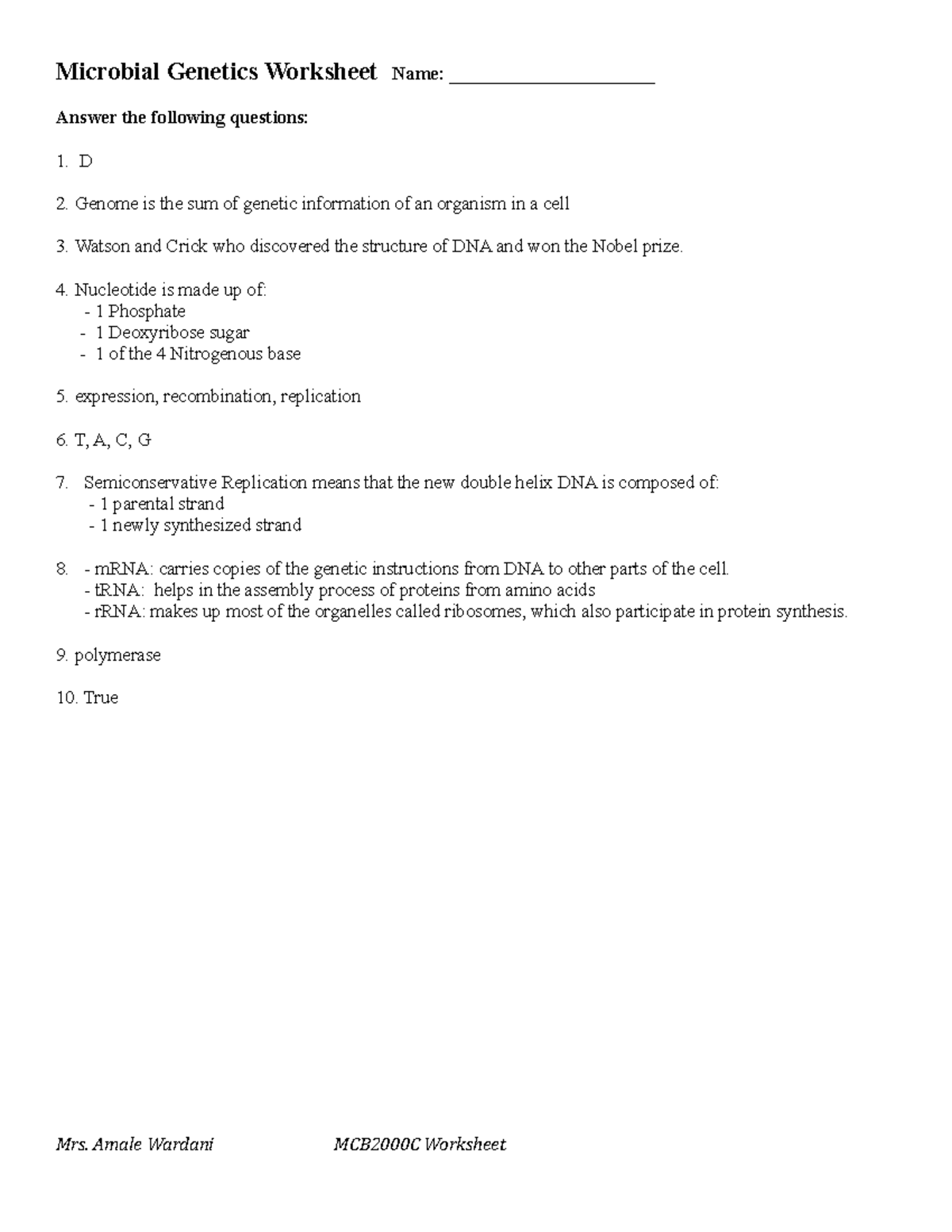 Worksheet Week3Ch9 Micro - Microbial Genetics Worksheet Name ...