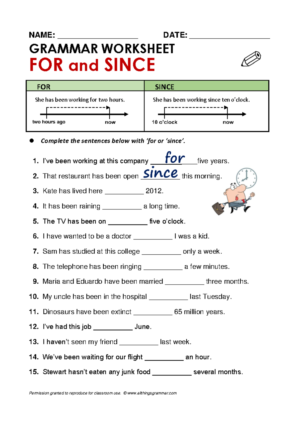 For since - Ydhdhd - NAME: ________________________ DATE ...