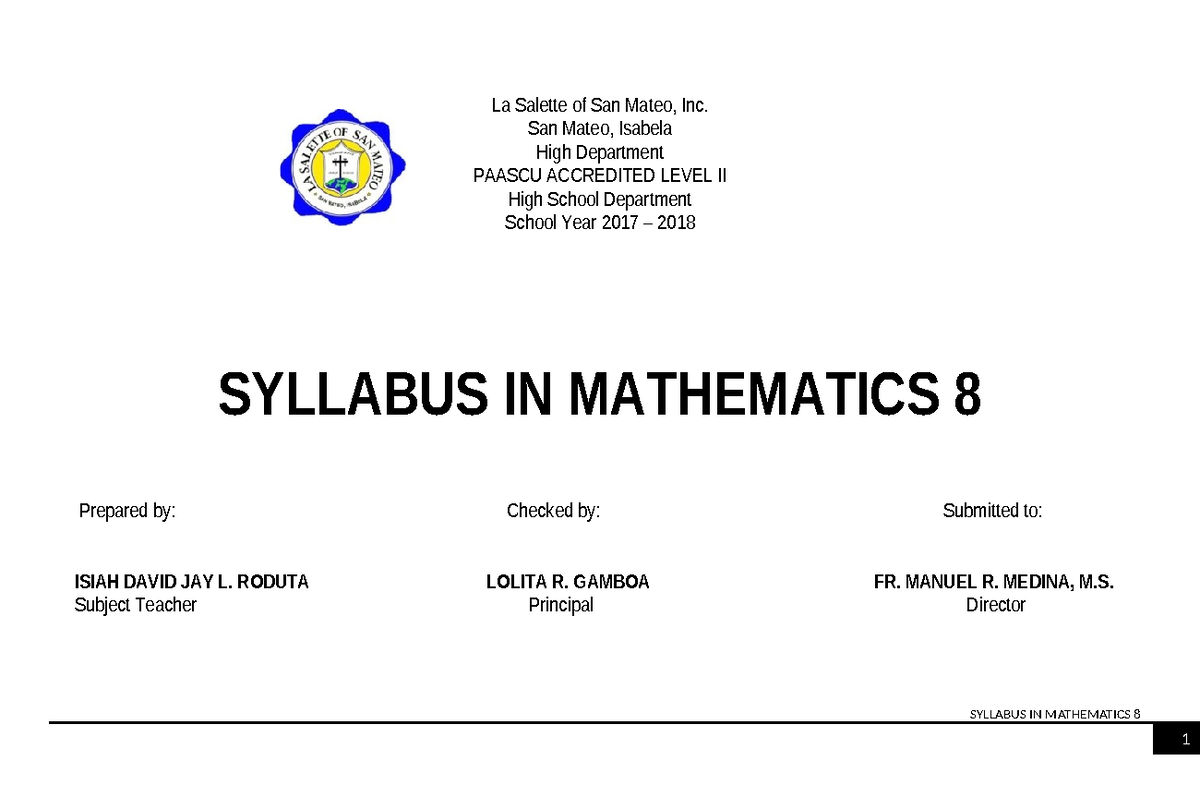 Syllabus 1st Quarter Grade 8 - La Salette of San Mateo, Inc. San Mateo ...