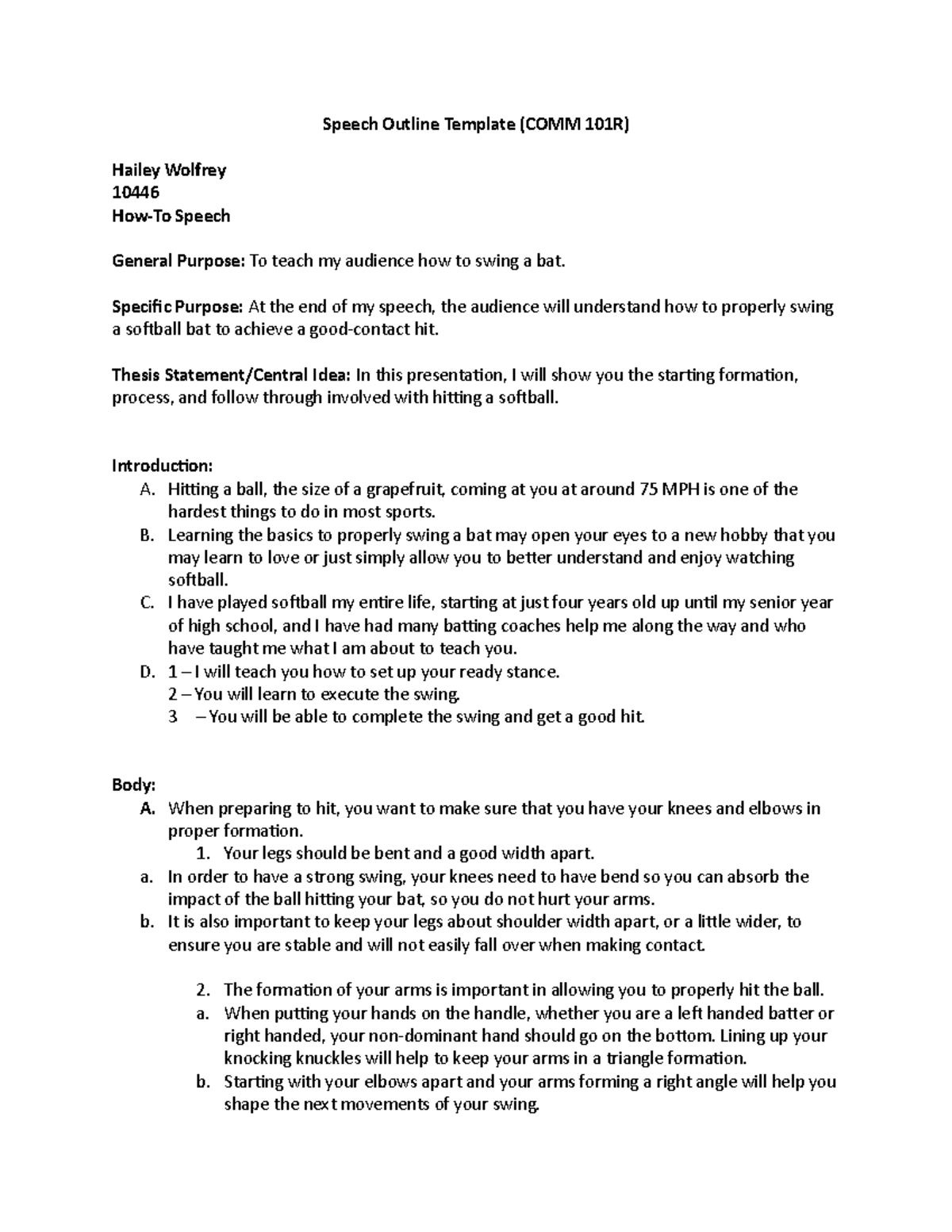 How-To Speech Outline - Speech Outline Template (COMM 101R) Hailey ...
