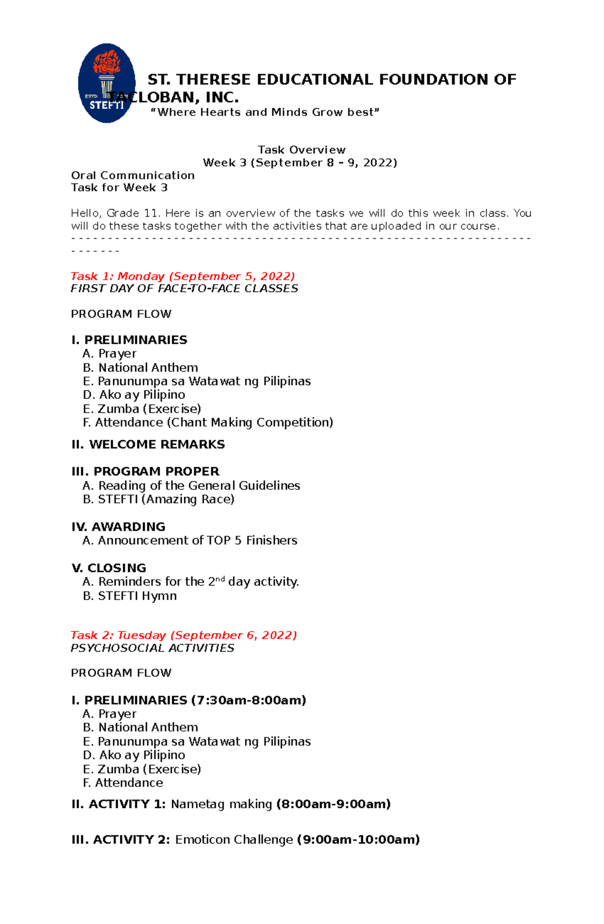 Week 3 - Task Overview - ST. THERESE EDUCATIONAL FOUNDATION OF TACLOBAN ...