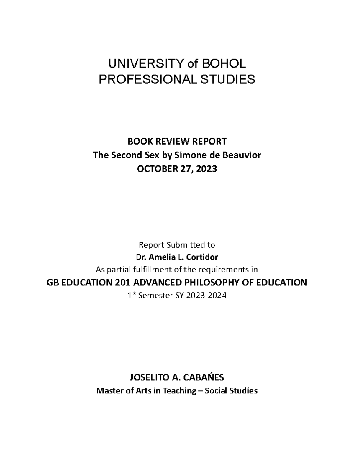 Assignment 2-Book-Review - UNIVERSITY of BOHOL PROFESSIONAL STUDIES ...