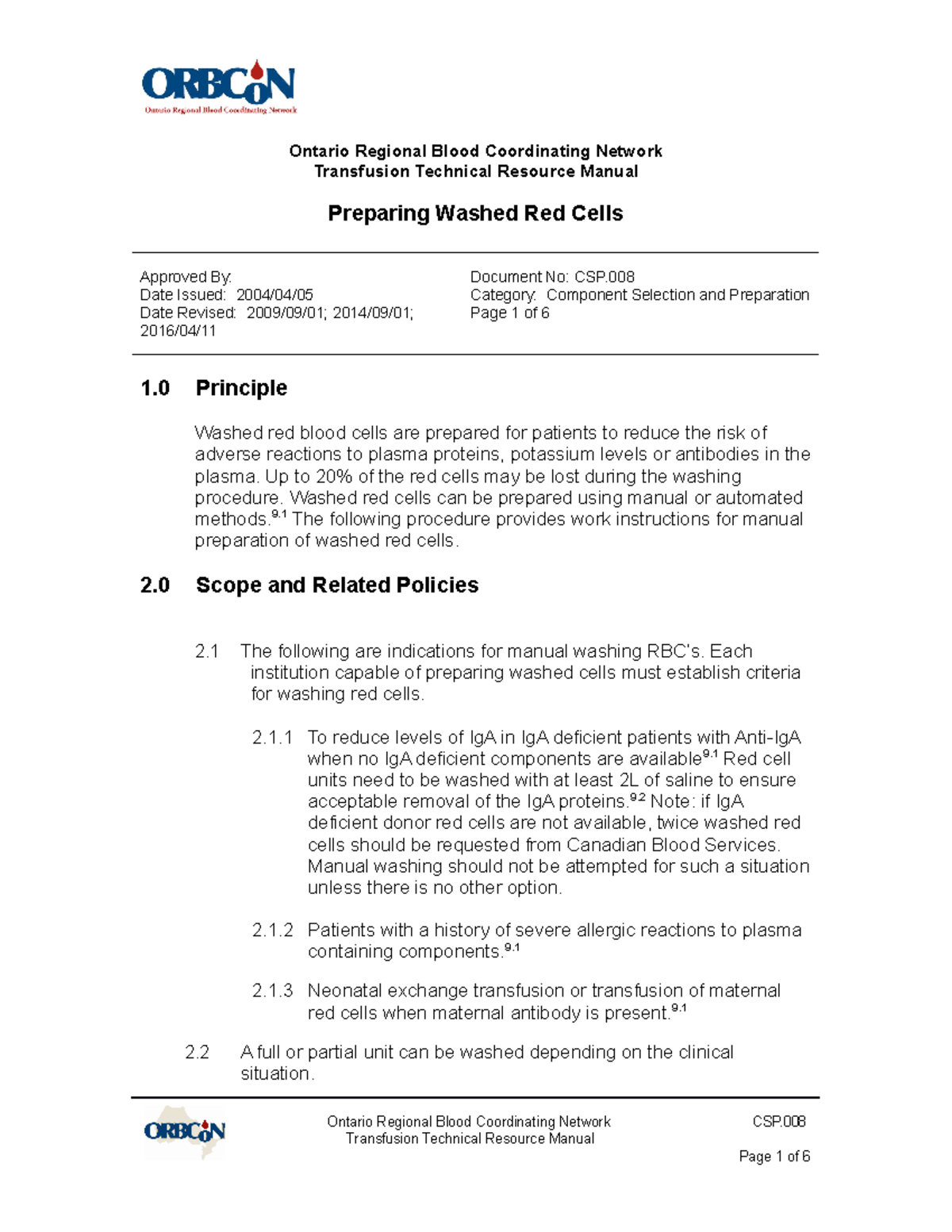 RED CELL WASHED AND PROCEDURES - Ontario Regional Blood Coordinating ...