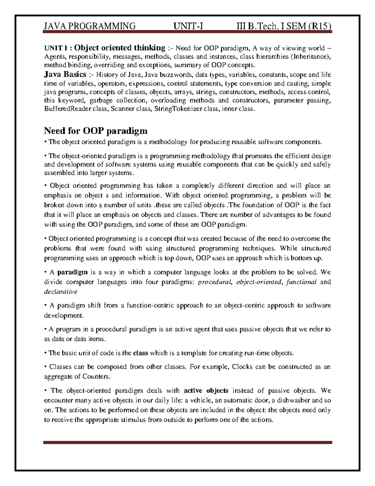 JAVA Programming-full-nodes - UNIT I : Object oriented thinking :- Need for OOP paradigm, A way ...