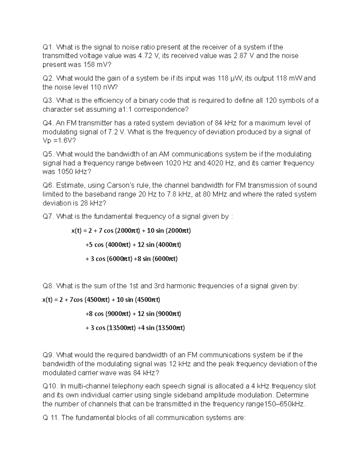 Unseen Revision - practice for networking students. - Q1. What is the signal to noise ratio ...