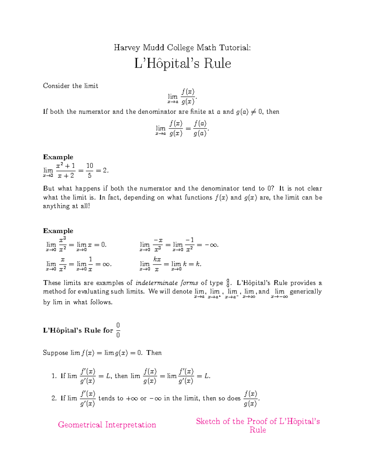 L hospital - Study Notes - Harvey Mudd College Math Tutorial: L ...