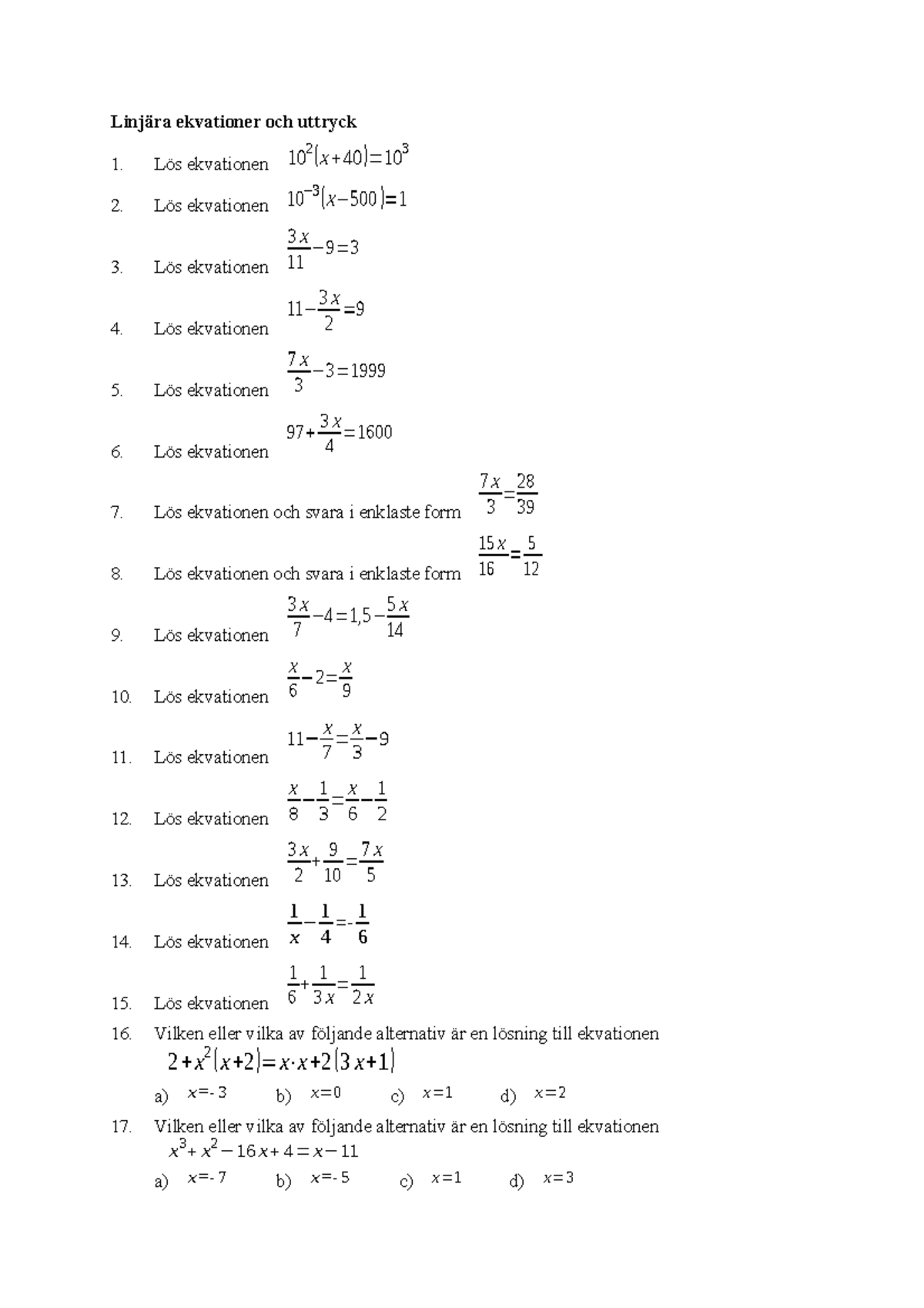 Ekvationer Linjärra Potens - Linjära ekvationer och uttryck 1. Lös ...