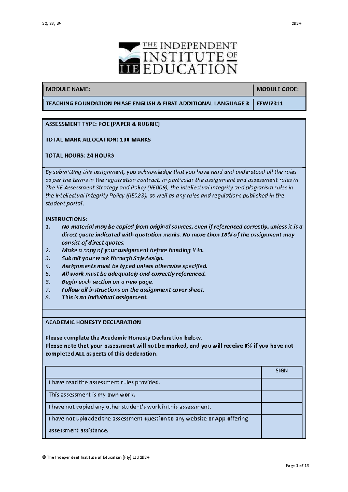 EFWI7311- POE - Portfolio of evidence - © The Independent Institute of ...