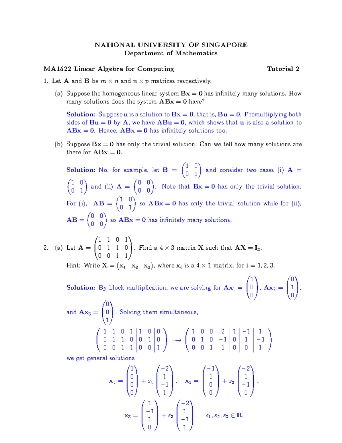 MA1522 Tutorial 2 Solutions - NATIONAL UNIVERSITY OF SINGAPORE Department of Mathematics MA1522 ...