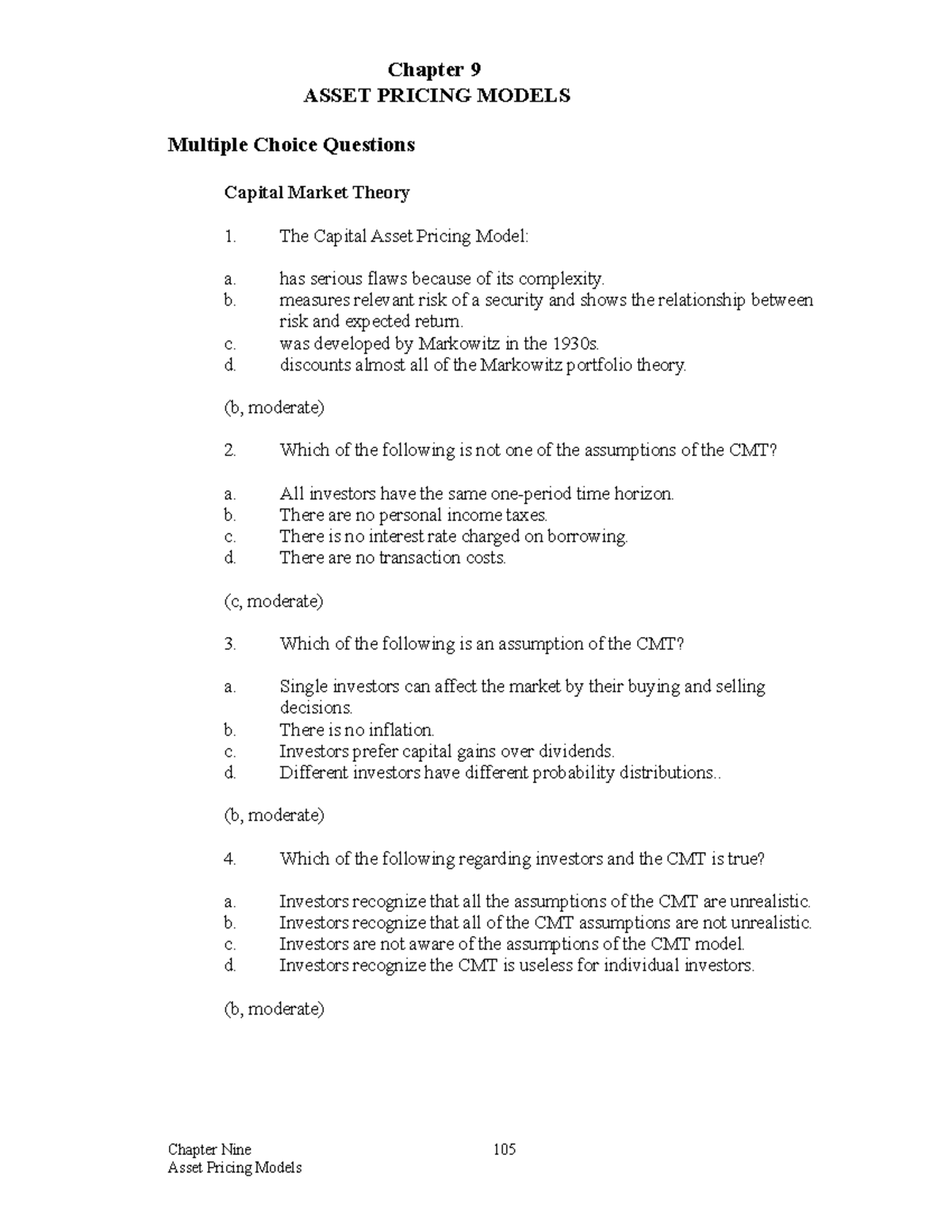 Chapter 9 Asset Pricing Models Multiple - Chapter 9 ASSET PRICING MODELS Multiple Choice ...