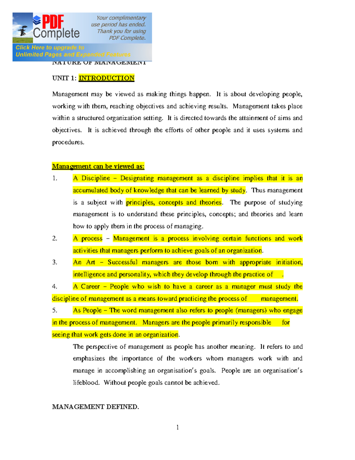 Management - PART ONE CHAPTER ONE NATURE OF MANAGEMENT UNIT 1 ...