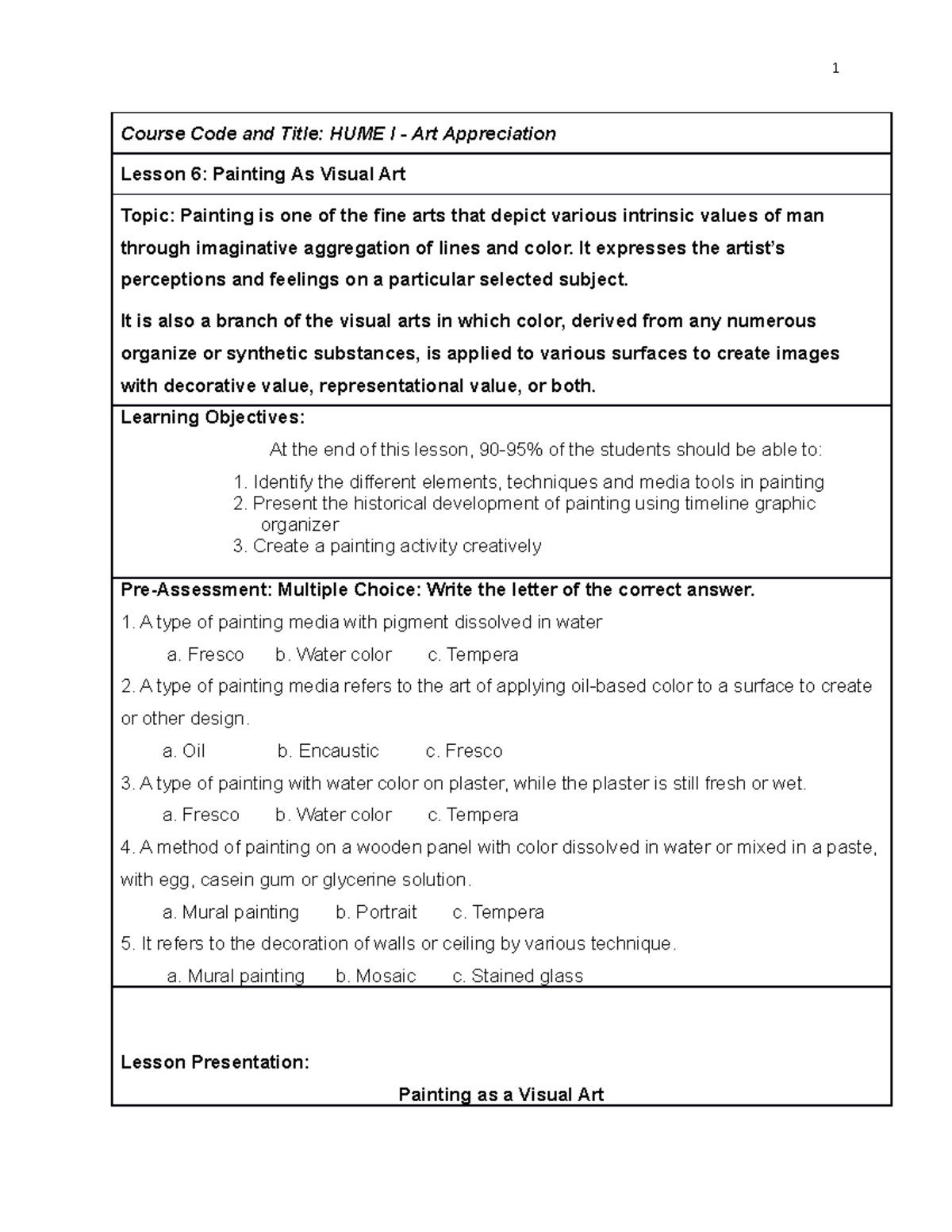 M6-arts-appreciation complete - Course Code and Title: HUME I - Art ...