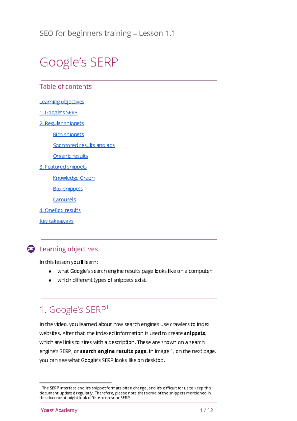 1 1 Googles SERP SEO for beginners - SEO for beginners training – Lesson 1 Google’s SERP Table ...