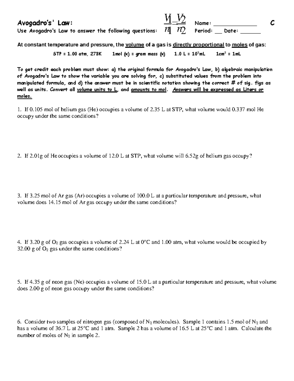 Avogadro Law Problems C 2022 - Avogadro’s' Law: Name: _____________ C ...