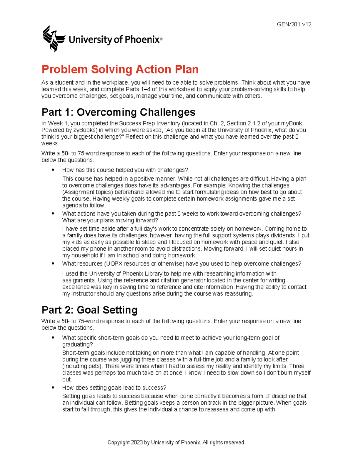 GEN 201 Week 5 Problem solving action plan - GEN/201 v Problem Solving ...