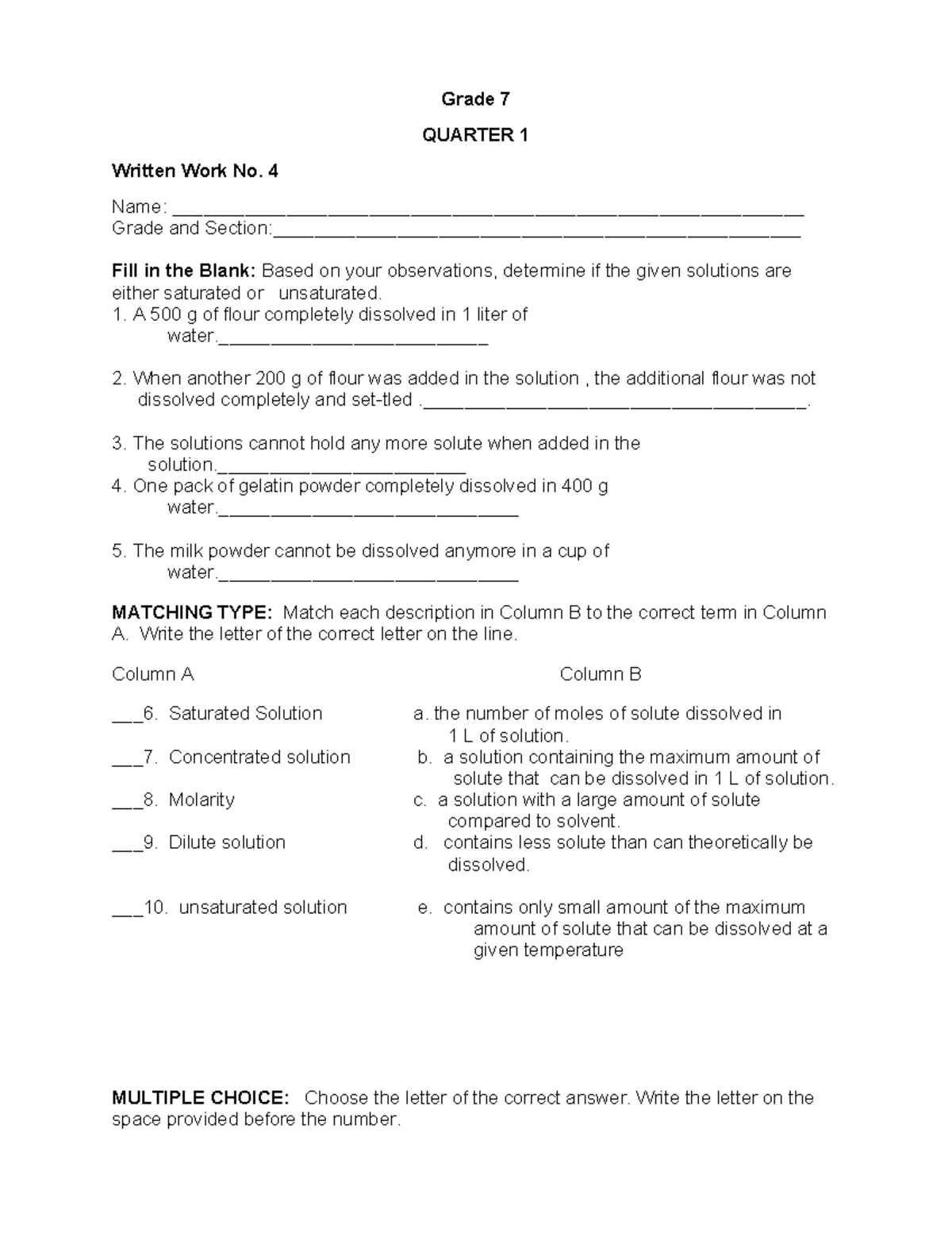 Grade 7 Q1 WW4 Science-1 - Grade 7 QUARTER 1 Written Work No. 4 Name ...