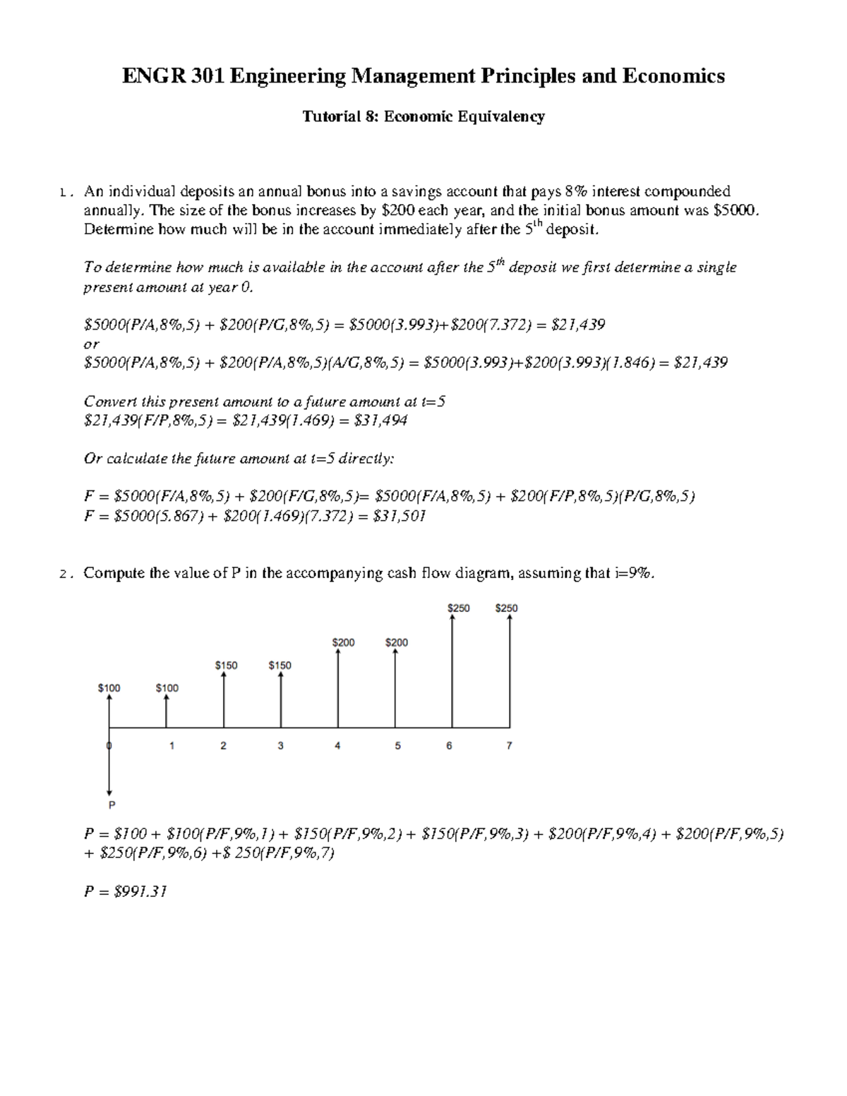 Tut8soln - Tutorial 8 solution work for ENGR301 - ENGR 301 Engineering Management Principles ...