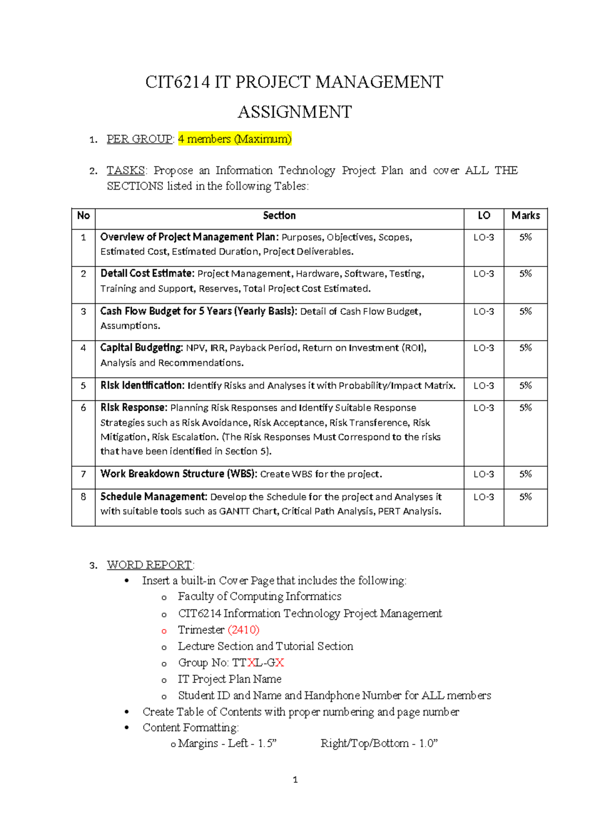 Assignment-( Guidelines) - CIT6214 IT PROJECT MANAGEMENT ASSIGNMENT 1. PER GROUP: 4 members ...