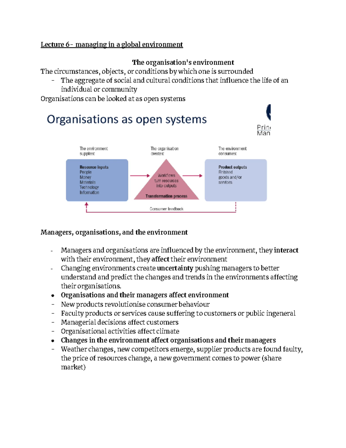 Management 1002 notes - Lecture 6- managing in a global environment The ...