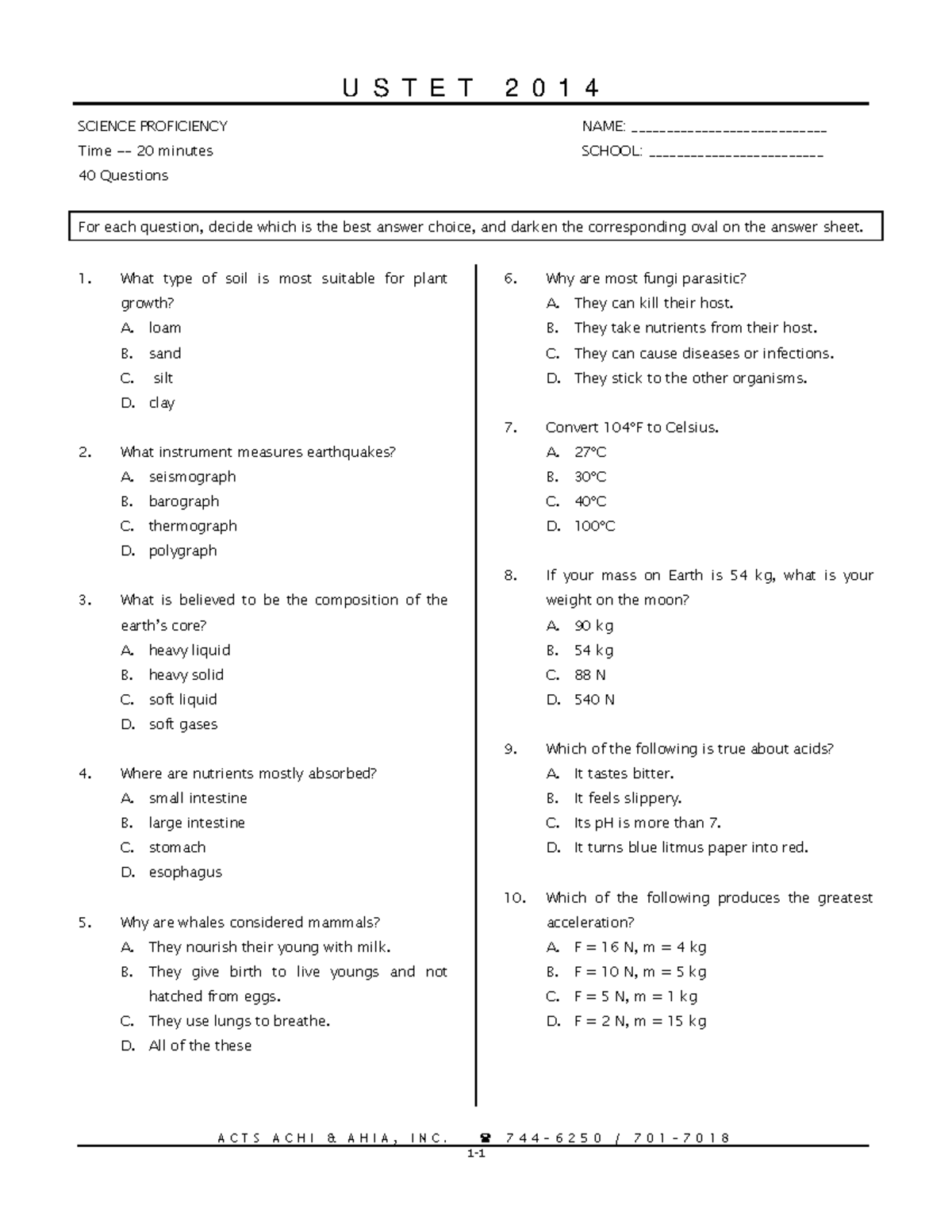 Ustet 2014 Simulated EXAM Section 2 Science Proficiency v.8 - A C T S A ...