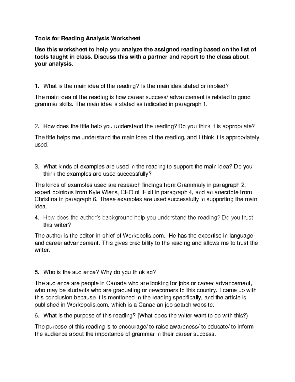 Tools for Reading Analysis Worksheet Grammar and Your Salary - Tools ...