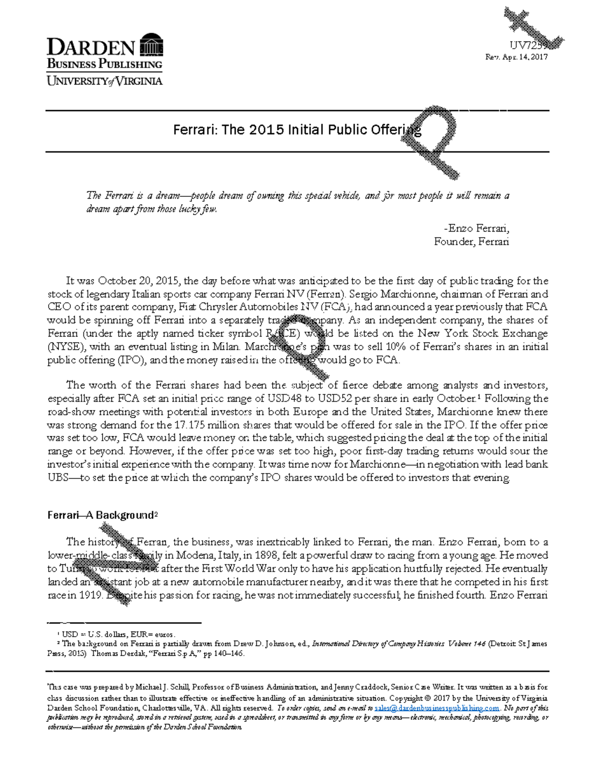 03 FM case study - Ferrari Case - UV Rev. Apr. 14, 2017 This case was prepared by Michael J ...