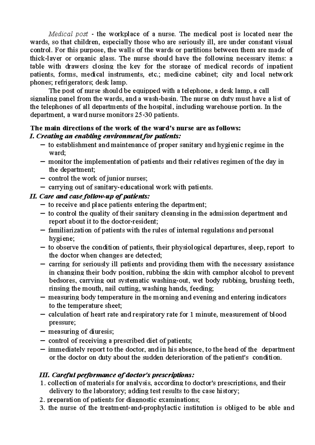 The main directions of the work of the ward's nurse - Medical post ...