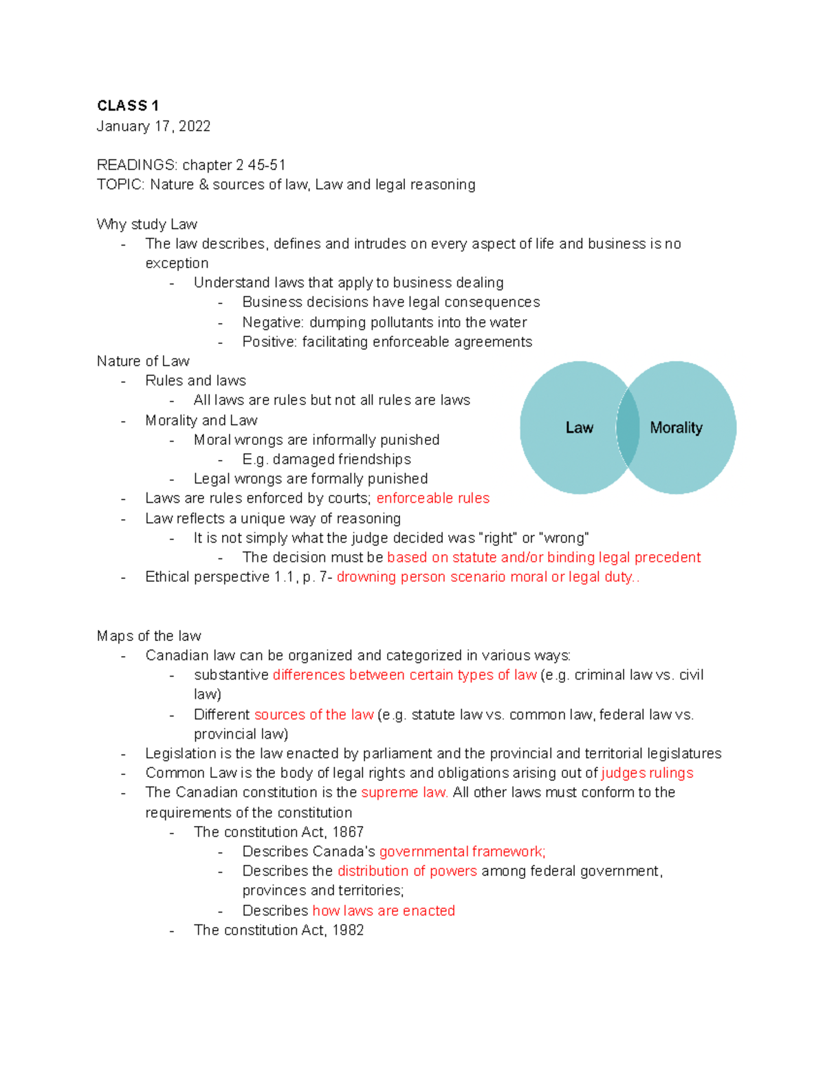 LAW122 - law 122 notes - CLASS 1 January 17, 2022 READINGS: chapter 2 ...