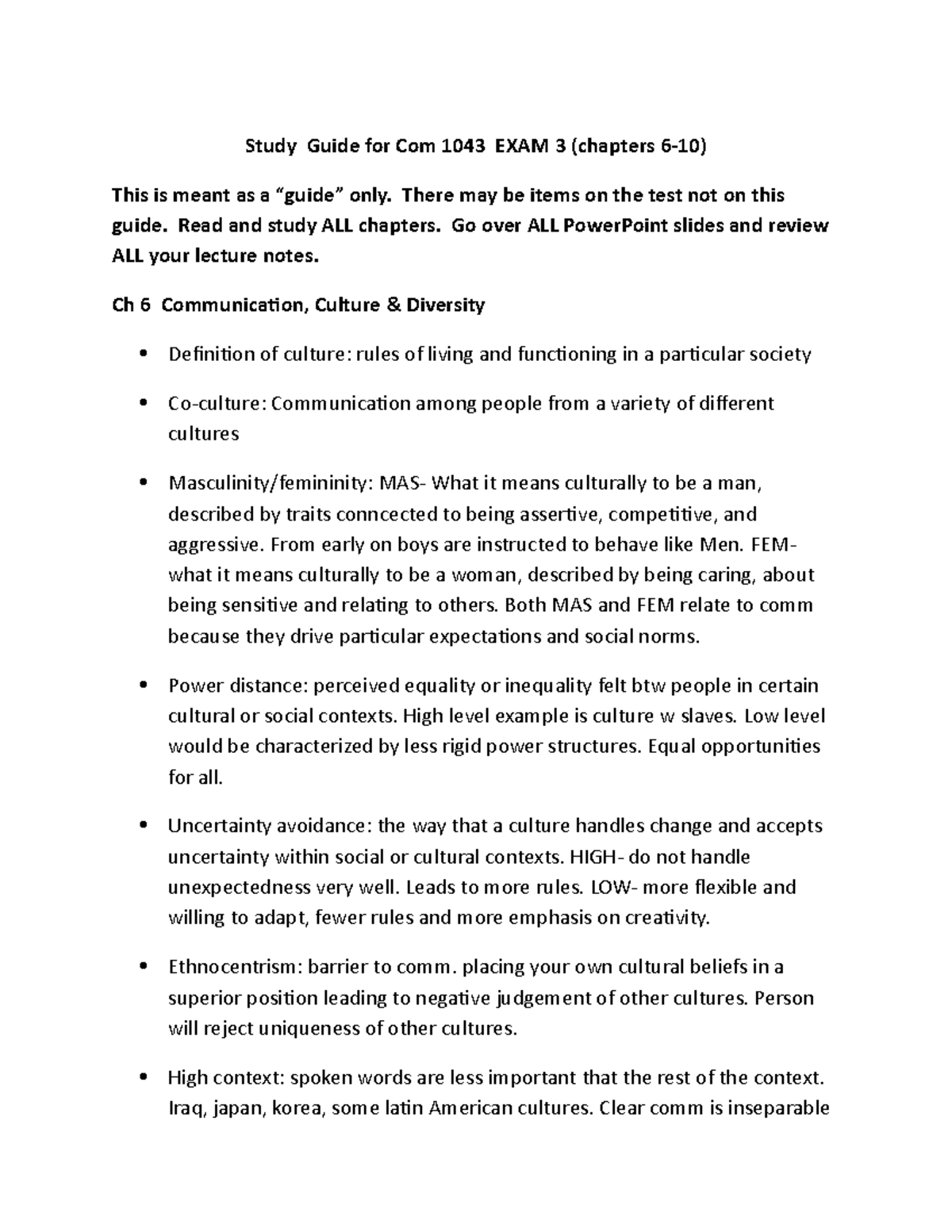 1043 Exam 3 Study Guide (6-10) Fall 2014 - Study Guide for Com 1043 ...