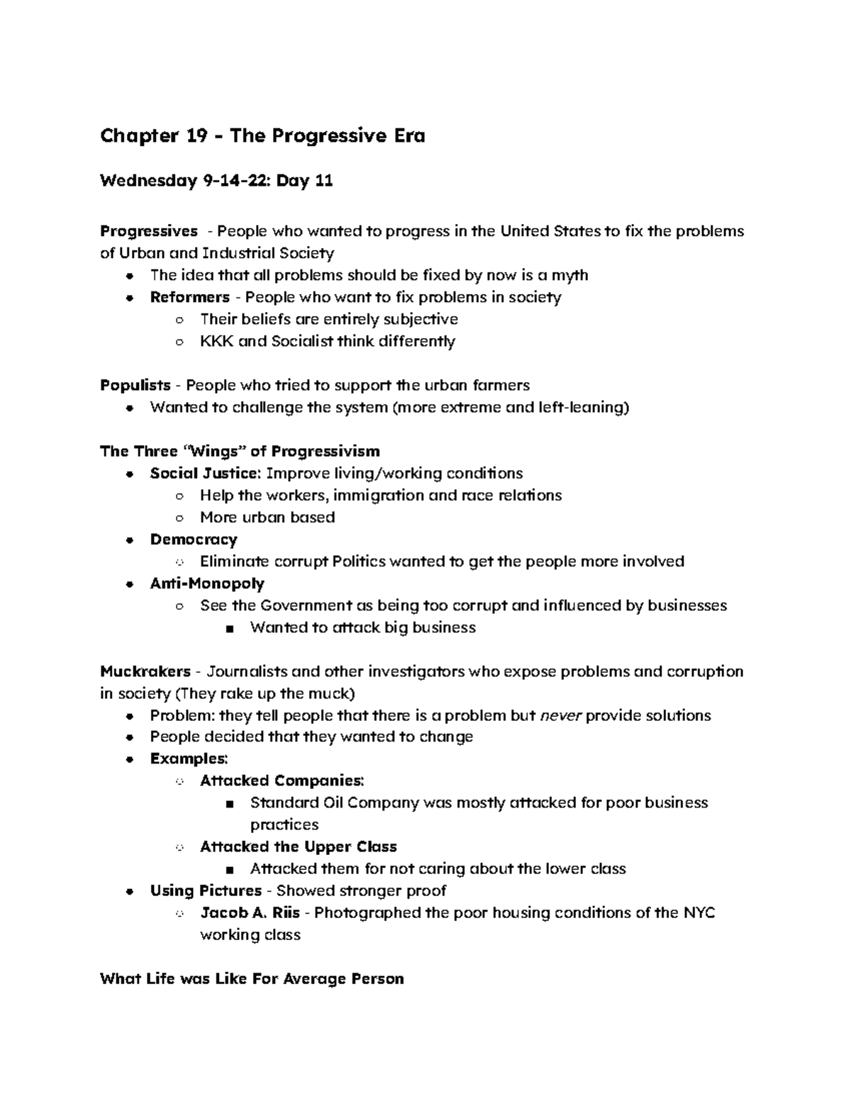 HIS 132 Notes Ch. 19-22 - Chapter 19 - The Progressive Era Wednesday 9 ...