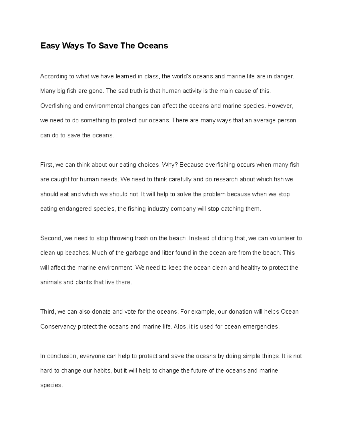 Essay 2 - Easy Ways To Save The Oceans According to what we have ...