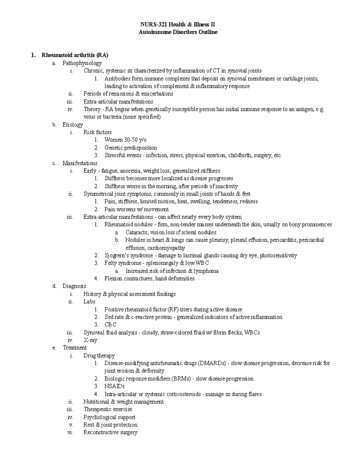 Autoimmune disorders outline - NURS-321 Health & Illness II Autoimmune ...