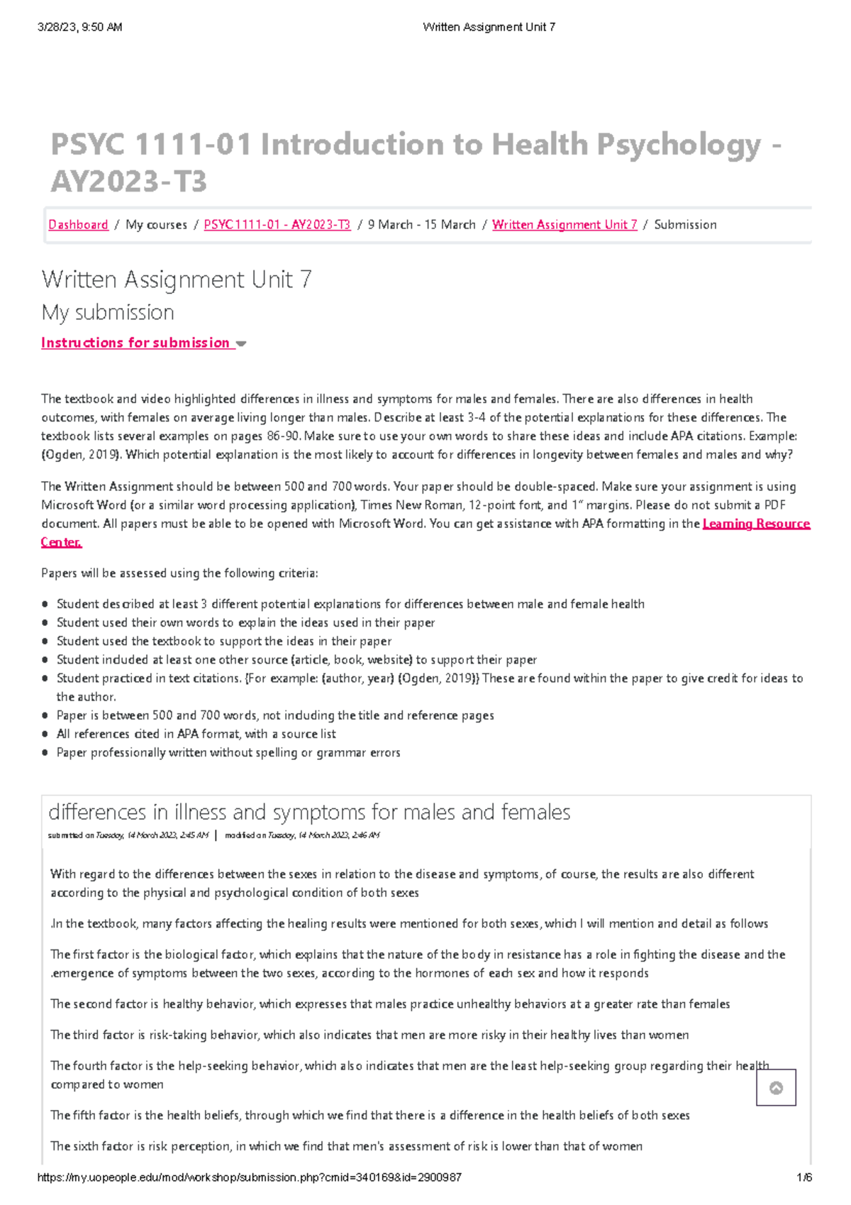 Written Assignment Unit 7 2222 - PSYC 1111-01 Introduction to Health ...