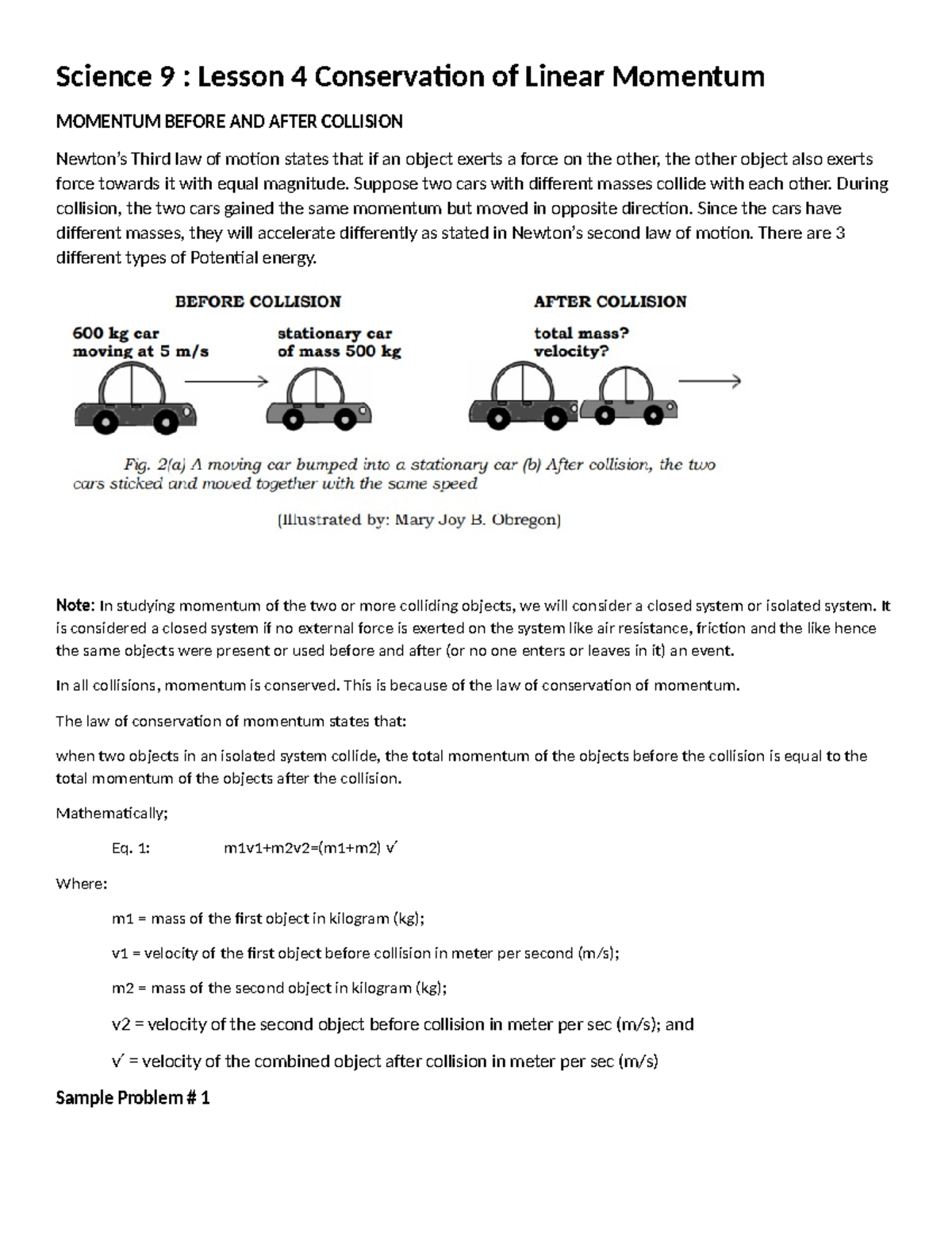 Science 9 Lesson 4 Notes - Science 9 : Lesson 4 Conservation of Linear ...