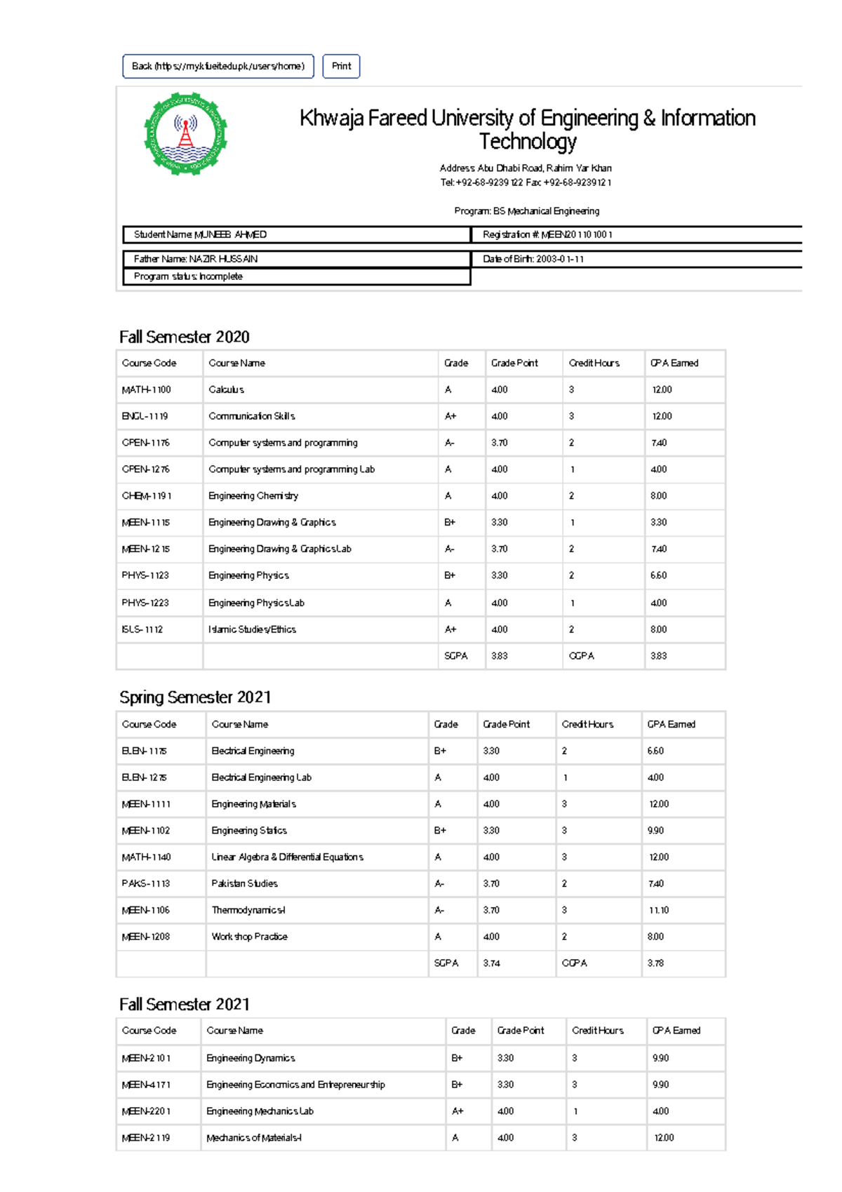 Result Transcript University - Back (my.kfueit.edu/users/home) Print ...